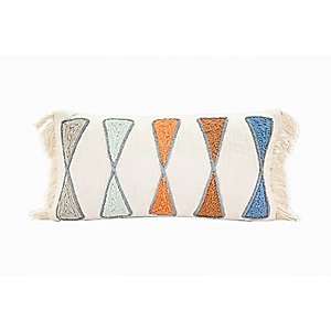 Bloomingville Rectangle Cotton Pillow with Embroidery & Fringe, Multicolored