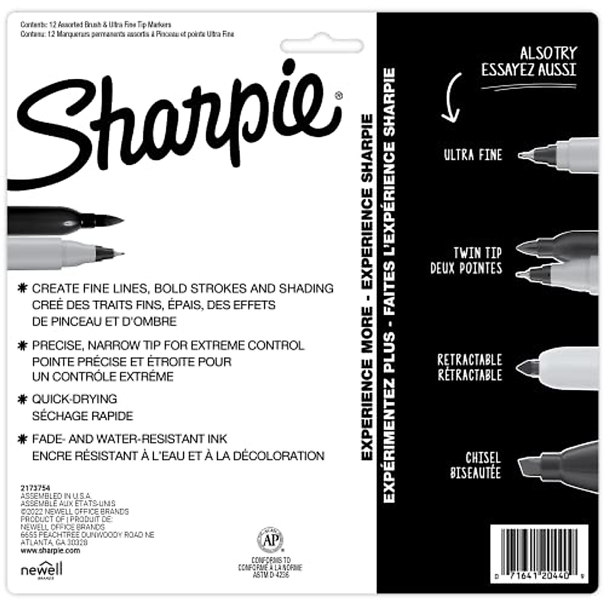 SHARPIE Brush Twin Permanent Markers, Brush Tip Marker and Ultra Fine Tip Marker, Assorted, 12 Count