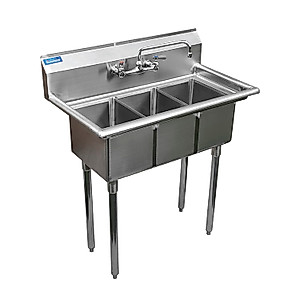 Stainless Steel Sink - 3 Compartment Sink 10"x14"x10" with Legs and Faucet | Utility | Commercial | Laundry | Kitchen | NSF