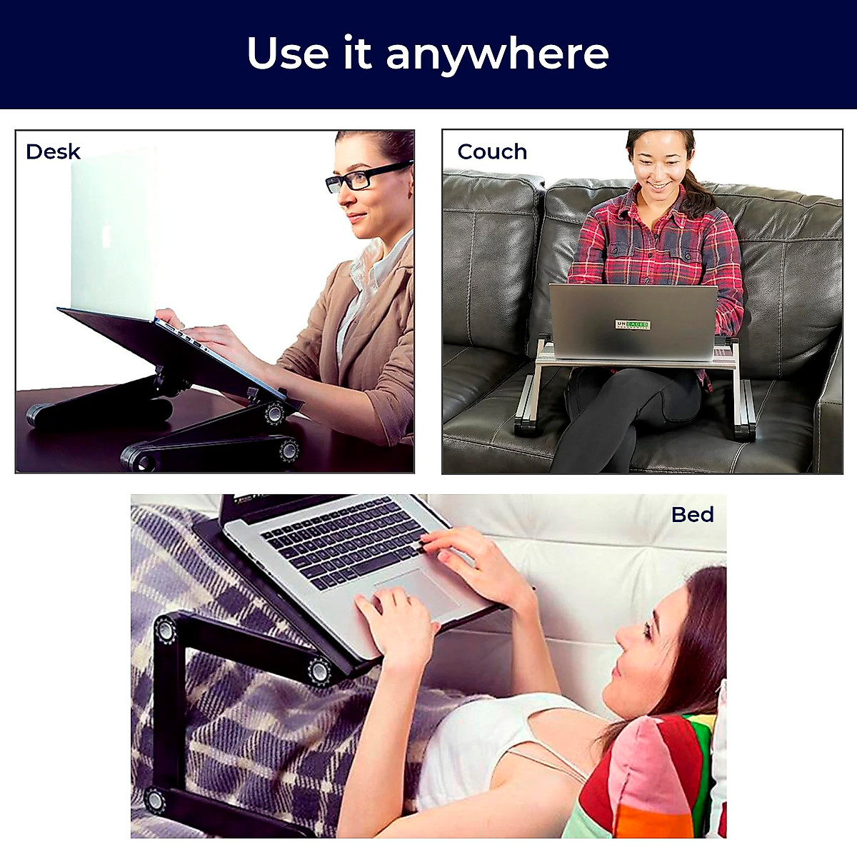 WorkEZ Executive Adjustable Laptop Stand with 2 Fans 3 USB Ports Ergonomic Aluminum Lap Desk for Bed Couch tray holder folding height tilt angle cooling cooler portable desktop riser black