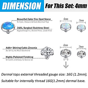 ZS 9PCS Opal 16G Dermal Anchor Tops 3mm 4mm, 14G Surgical Steel Internally Threaded Base Microdermal Piercing Jewelry for Women Men (B:4mm)