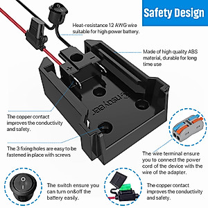 Power Wheel Adapter with Fuse&Switch for Milwaukee 18V Battery, Non-Blown Tight Battery Adapter with 4Pcs 30A Fuse and Wire Terminal, 12 AWG Wire, DIY Use for Truck, Robotics,RC Toys and Work Lights