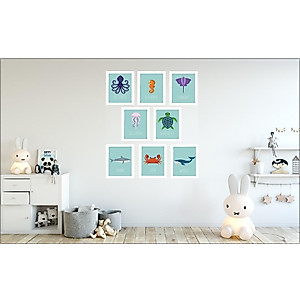 Kindred Sol Collective Ocean Animals Wall Cards, Nautical Nursery Room Decor, Kids Educational Marine Art, Toddler Gift, Set of 8 5x7 inch Prints for Classroom, Daycare and Playroom