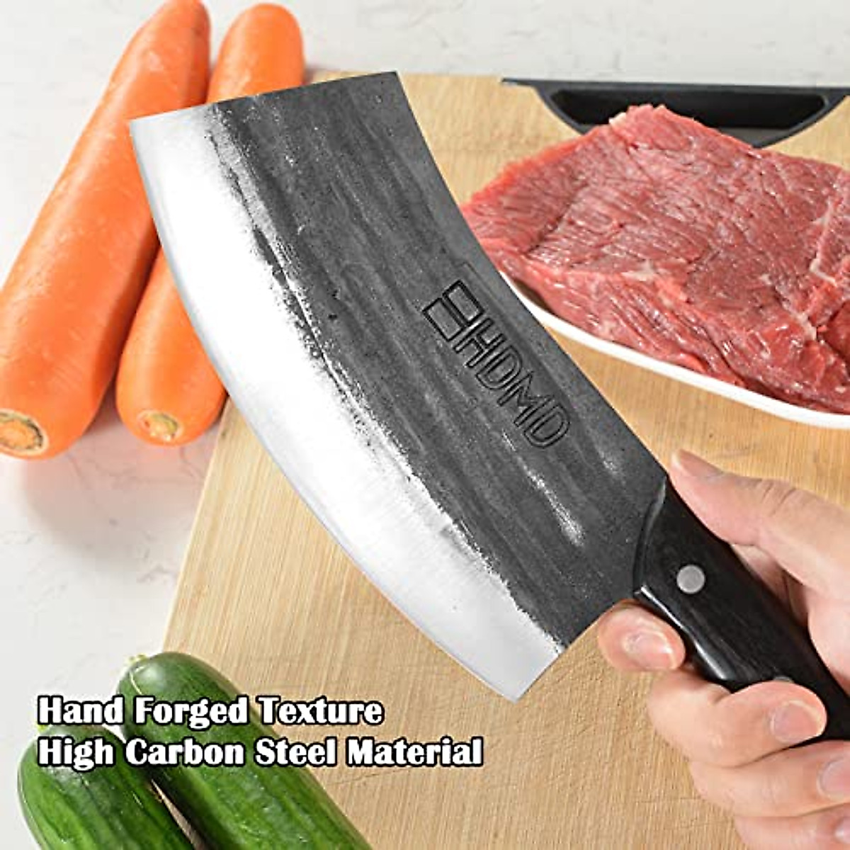 HDMD Cleaver Knife Meat Cleaver Knife for Meat Cutting, Real Hand Forged Knife High Carbon Steel Knife, Butchers Knife Meat Knife for Home and Outdoor Camping, BBQ