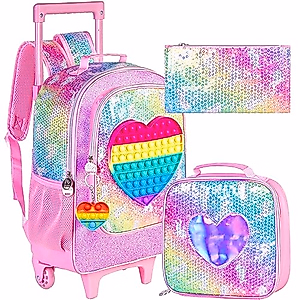 CCJPX 3PCS Kids Rolling Backpack for Girls, Unicorn Roller Wheeled Bookbag Toddler Elementary School Bag with Wheels Pink