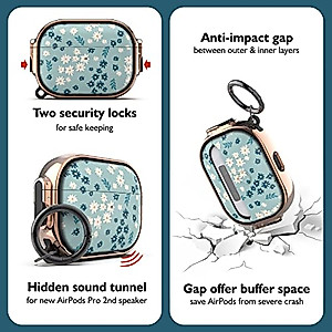 TATOFY case for AirPods Pro 2, AirPods Pro, Lock AirPod Pro 2 Case for Women, Flora Hard case with Carabiner, Support Wireless Charging, LED Visible (Cyan)