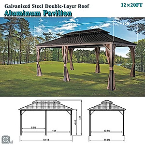Hard Top Gazebo, Galvanized Steel Double-Layer Roof Aluminum Outdoor Gazebo, with Curtains and Nets, Permanent Use Backyard Pavilion, Suitable for Patio, Garden and Lawn (12'x20', Brown)