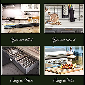 Skoo Barbecue Skewers Set - 7 Silicone Handled Stainless Steel BBQ Skewers + Silicone Storage Bag - 14" Flat Metal Shish Kebab Skewers for Grilling - Reusable Grill Kabob Skewer Sticks + Rollable Bag