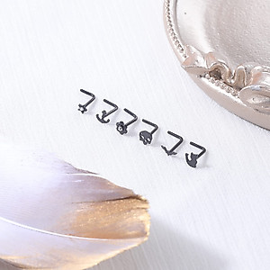 ZS 20G Corkscrew Nose Rings Surgical Steel L-Shaped Nose Studs Bat Skull Nose Bone Stud Nose Piercing Jewelry for Women (18pcs Black)