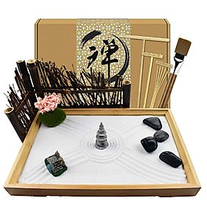 Artcome Japanese Zen Sand Garden for Desk with Rake, Stand, Rocks and Mini Furnishing Articles - Office Table Accessories, Mini Zen Sand Garden Kit - Meditation Gifts