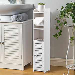 AOJEZOR Toilet Paper Holder Stand: Small Bathroom Storage Cabinet Fit for Small TP Roll - White