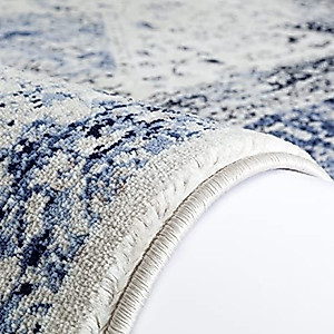 Persian-Rugs Distressed Ivory 5x7 Area Rug, Blue French Country Rug for Living Room and Kitchen