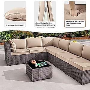 Piltwoff 7 Pieces Wicker Patio Conversation Sets,Modern Outdoor Sectional Furniture Patio Sets All-Weather for Backyard, Balcony(Brown)
