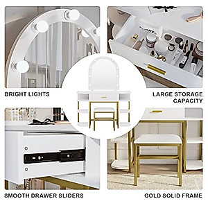 Semiocthome White Vanity Mirror with Lights and Table Set with Drawers, 9 LED Lights Makeup Vanity Desk with Stool, Girls Vanity Table with 6 Shelves, Gold Metal Frame Dressing Table with Chair