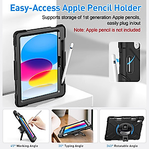 SUPFIVES Case for iPad(A16) 11th 11''2025/ 10th Generation 10.9'' 2022,Heavy Duty Silicone Case with Screen Protector/Pencil Holder/Rotating Stand/Handle/Shoulder Strap(Black)