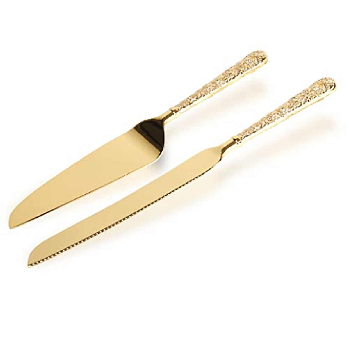 Dicunoy 2 PCS Gold Cake Knife and Server Set, Wedding Cake Cutting Utensils, Vintage Engraved Cake Cutter and Serving Spatula for Birthday, Party, Anniversary