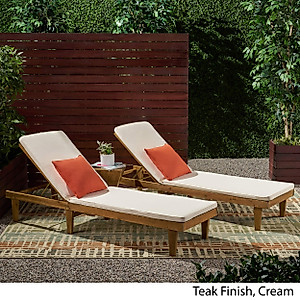 GDFStudio Oudoor Modern Acacia Wood Chaise Lounge with Cushion (Set of 2), and Cream