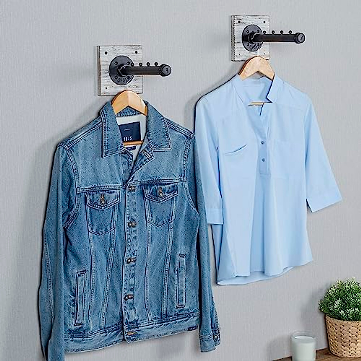 MyGift Wall Mounted Shabby White Washed Wood and Industrial Matte Black Metal Pipe Valet Bar, Clothing Hanger Rack with 4 Garment Hanging Hooks, Set of 2