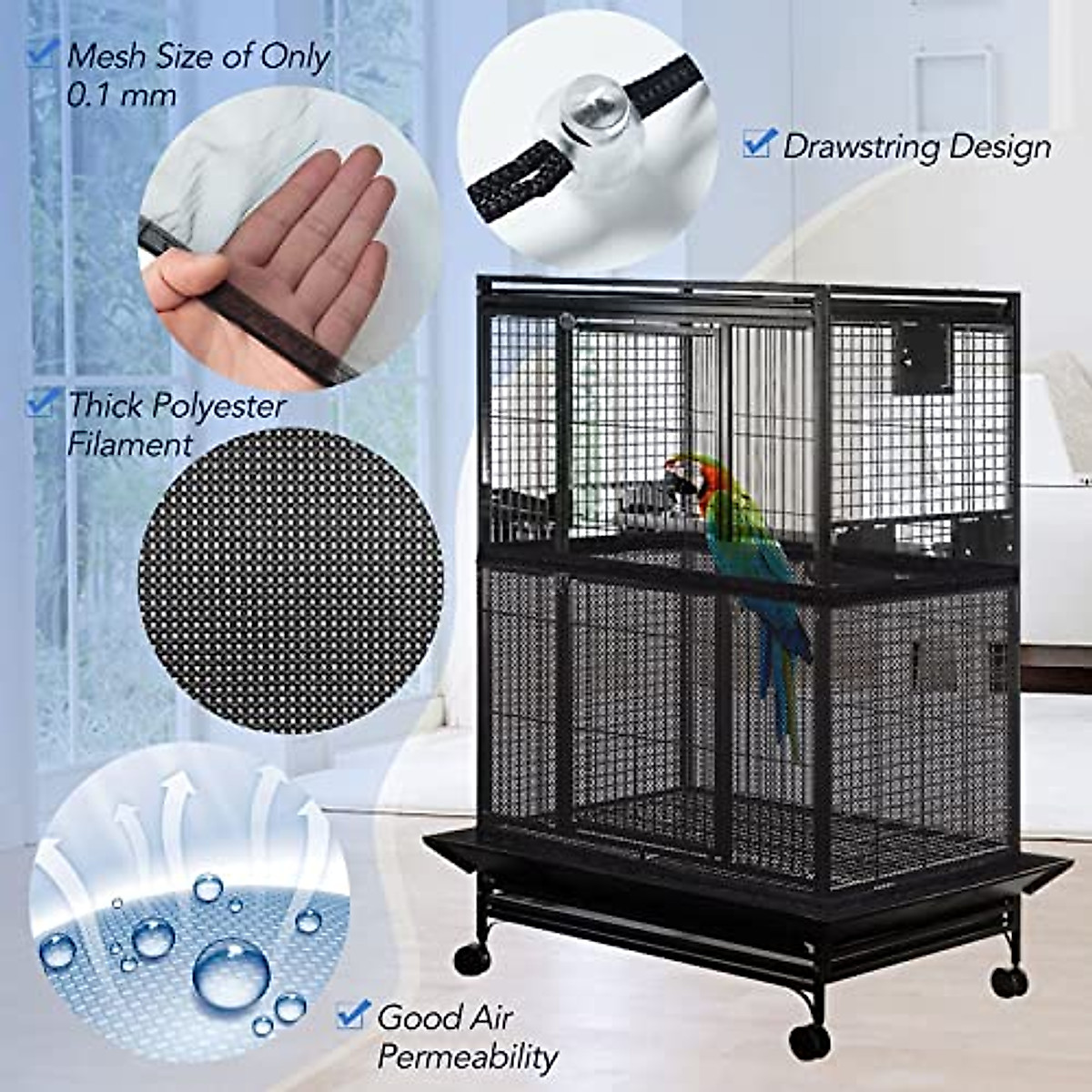 KFPPLXQ Bird Cage Netting Seed Catcher - Adjustable Bird Cage Skirt Seed Catcher, Large Soft Breathable Mesh Bird Seed Catcher for Indoor Round Square Cage