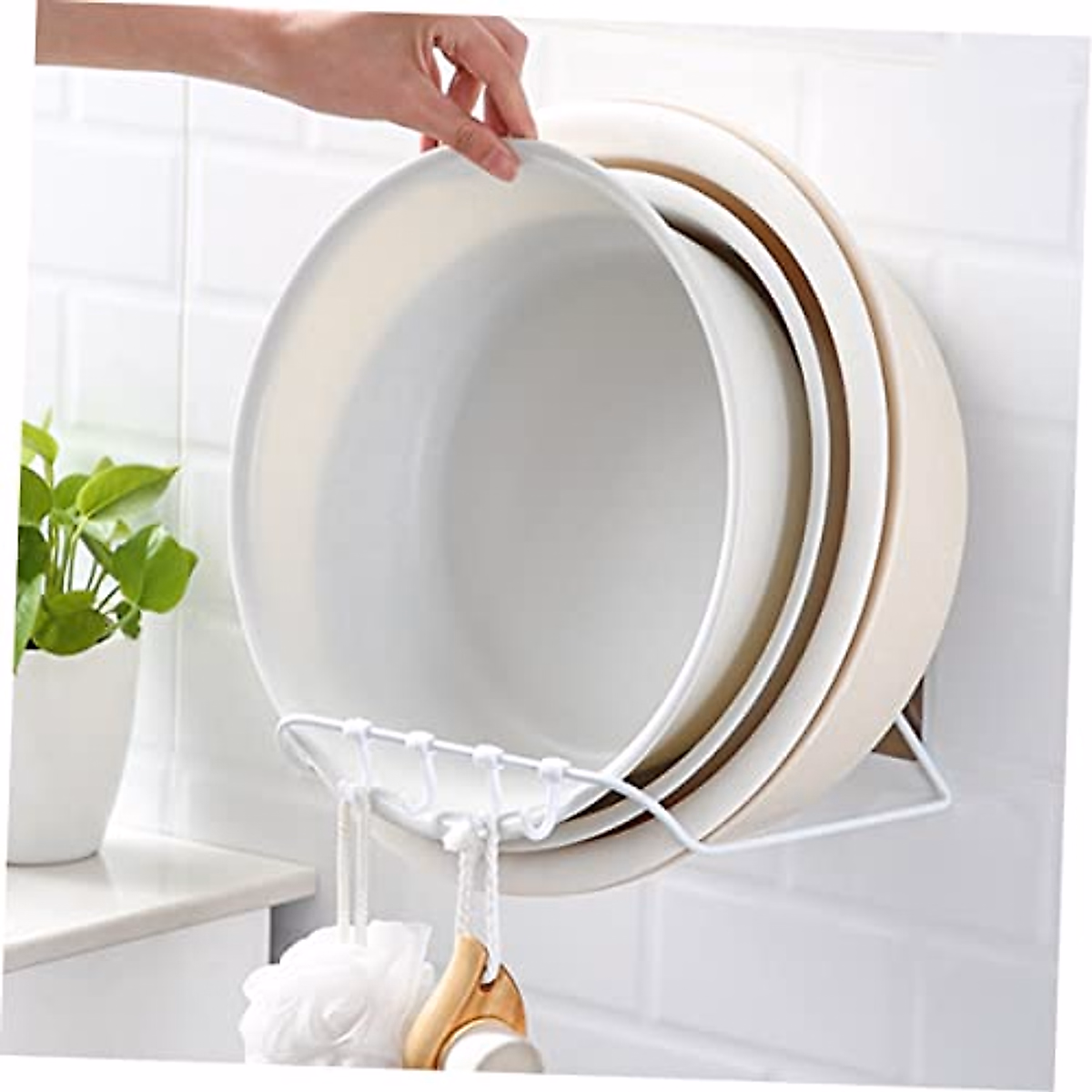 Cabilock 1pc Wall- Kitchen Wall-Mounted Basket Stand Washbasin Storage Organizer Simplicity Holder Rack for Hook Bathroom Hanging Pan with Dish Shelf Basin White Mounted Multifunctional