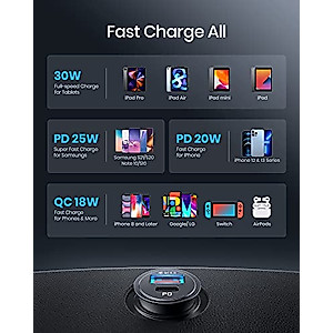 Car Charger, INIU Dual Ports [USB C 30W+USB A 30W] 5A QC 3.0 PD Fast Charge Car Charger Adapter, All-Metal Mini USB C Car Charger for iPhone 14 13 12 Pro Max iPad Samsung S21 MacBook Airpods Tablets