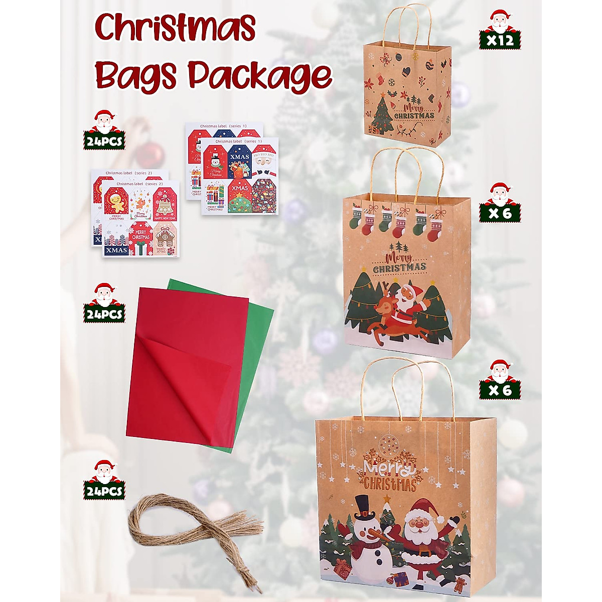 IGbunify 24 Pcs Assorted Sizes Christmas Kraft Gift Bags with Handles，Christmas Goody Bags for Xmas School Gift Wrapping and Party Favors-3 Pattern & 3 Sizes