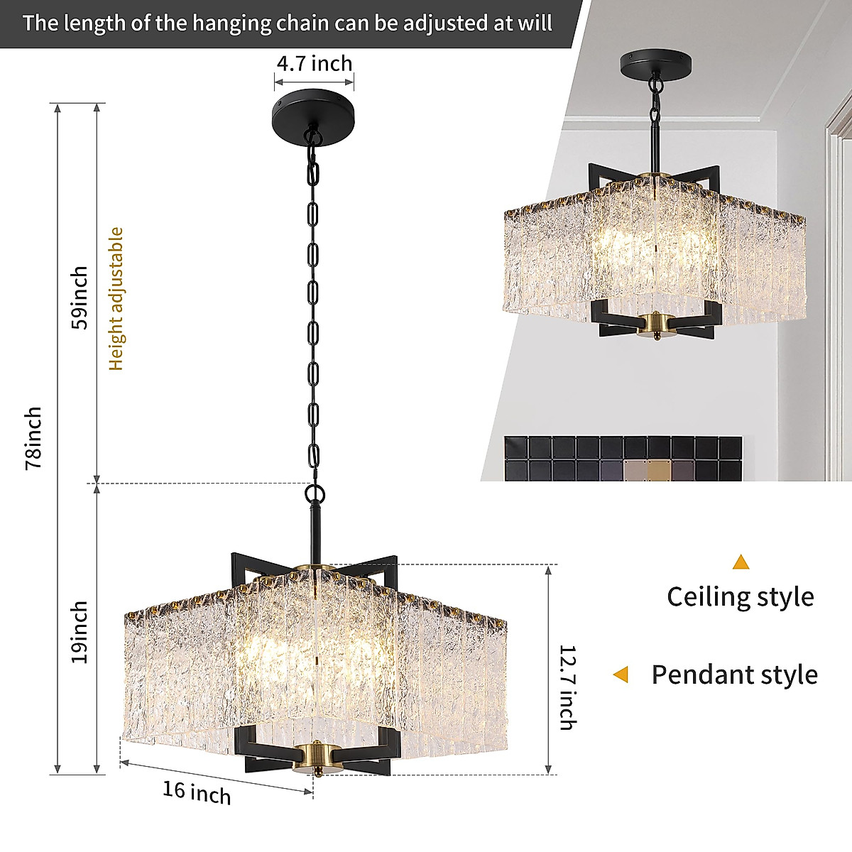 KINGTORO Modern Crystal Chandelier,16" Black Chandeliers for Dining Room, Adjustable Height,Water Ripple Glass,Hanging Pendant Light Fixture for Kitchen Island Entryway Foyer Hallway Living Room