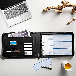 Inkline 7 Ring Check Binder Portfolio -Professional PU Leather Binder with Zippered Closure -500 Check Capacity -9x13 Inch Sheets -Document & Card Organizer - Large Tablet Pocket - Black (80001)