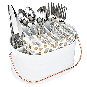 Red Co. 10" x 7" Enameled Metal Utensil Caddy & Countertop Flatware Organizer with Handle, Farmhouse White/Rose Gold