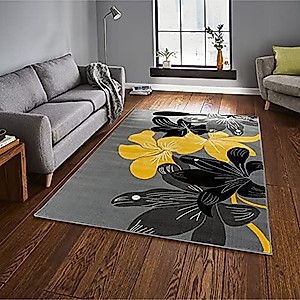 Rug and Decor Contempo 1000 Yellow Grey Black White Floral Bloom Abstract Area Rug Carpet Alfombra for Living Room Bed Room (5' x 7' Area Rug)