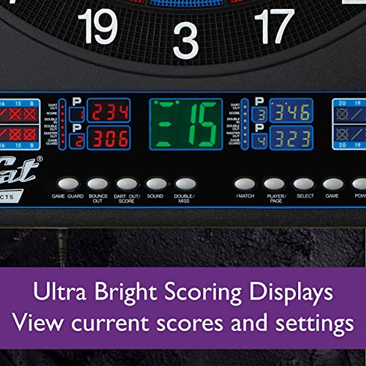 Fat Cat Electronx Electronic Dartboard Compact Size Over 35 Games with 167 Options Built-In Cabinet and Dart Storage for up to 12 Darts Auto Scoring LCD Display 8-Player Multiplayer and Soft Tip Darts