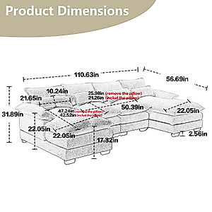 Lakifun Convertible Sectional Sofa, Chenille Fabric U Shaped Couch 4 Seat Sofa with Double Chaises for Living Room, Grey