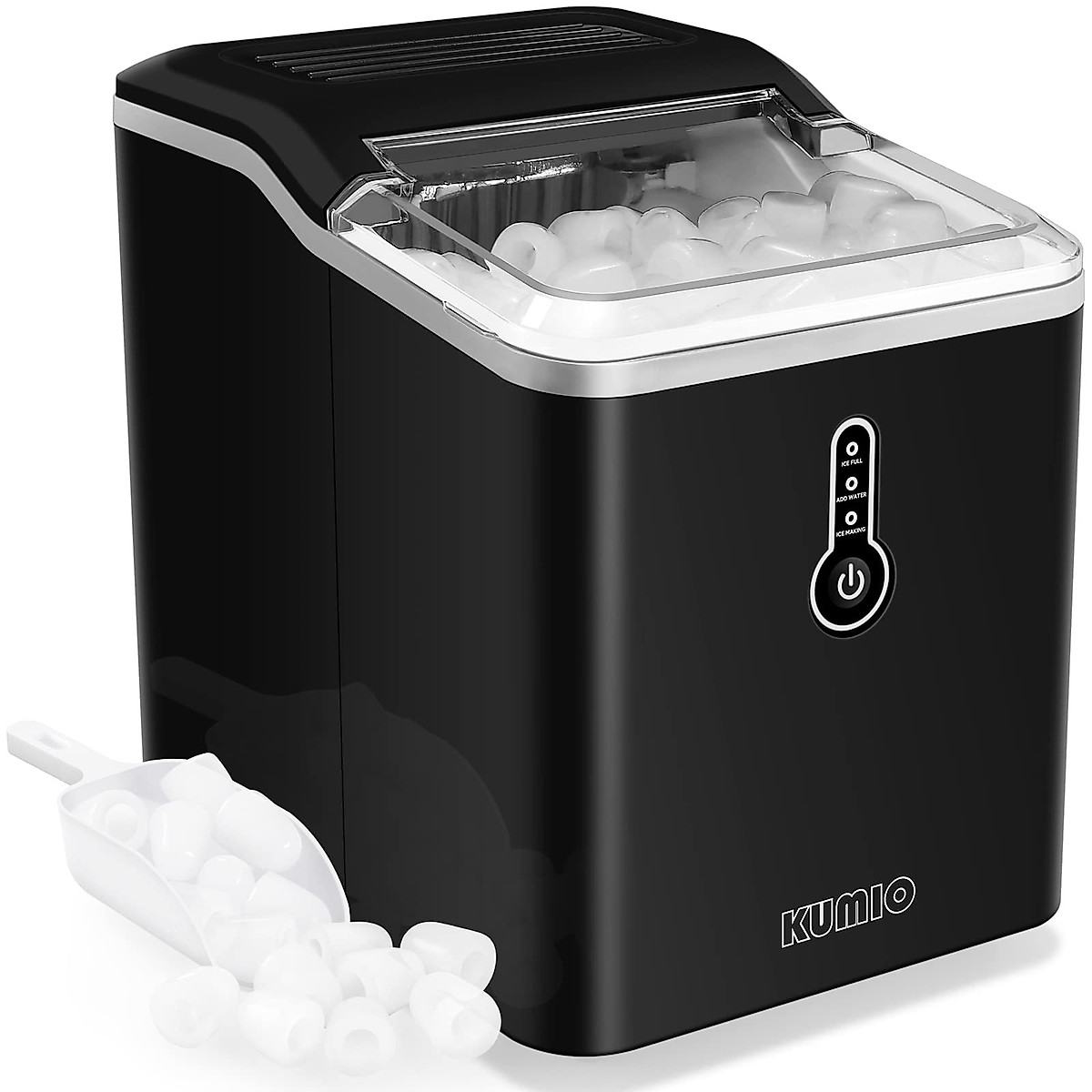 KUMIO Ice Makers Countertop, 9 Thick Bullet Ice Ready in 6-9 Mins, 26.5 Lbs in 24Hrs, Portable Ice Maker with Ice Scoop and Basket, Compact Design for Home Kitchen Office Bar Party, Black
