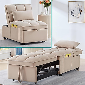 MWrouqfur 4 in 1 Sleeper Chair with Pullout Bed, Convertible Lazy Sleeper Sofa Chair with Storage Pockets & Adjustable Backrest, Comfortable Folding Ottoman Bed Sleeper for Living Room (Taupe)