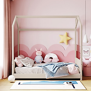 DEINPPA Full Size Princess House Bed with Velvet Fabric Upholstered Tufted Headboard and Footboard, Kids House Bed Frame with Roof Design, for Kids Boys Girls-Beige