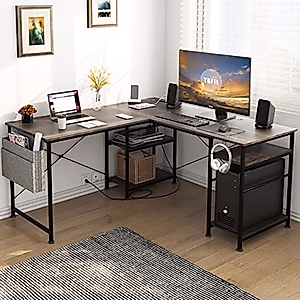 Tbfit L Shaped Desk with Storage Shelves, Reversible Coner Desk Office Desk,Large Computer Gaming Desk Workstation with Power Outlet,2 Person Long Writing Study Table(Misty Gray)