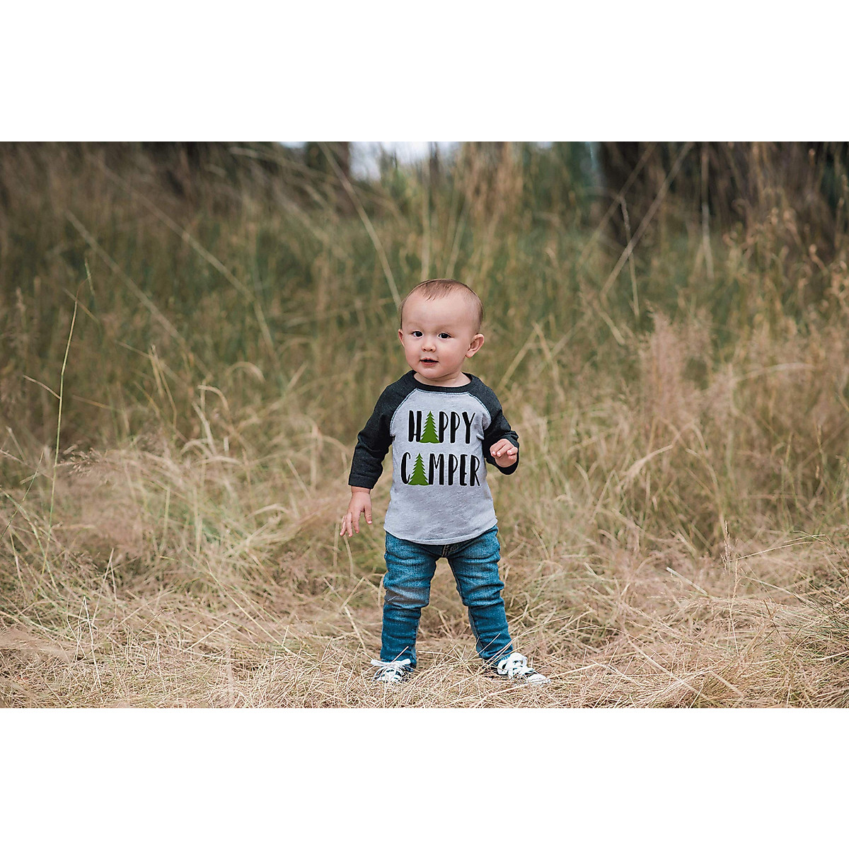 7 ate 9 Apparel Unisex Happy Camper Outdoors Raglan Tee 12 Months Grey