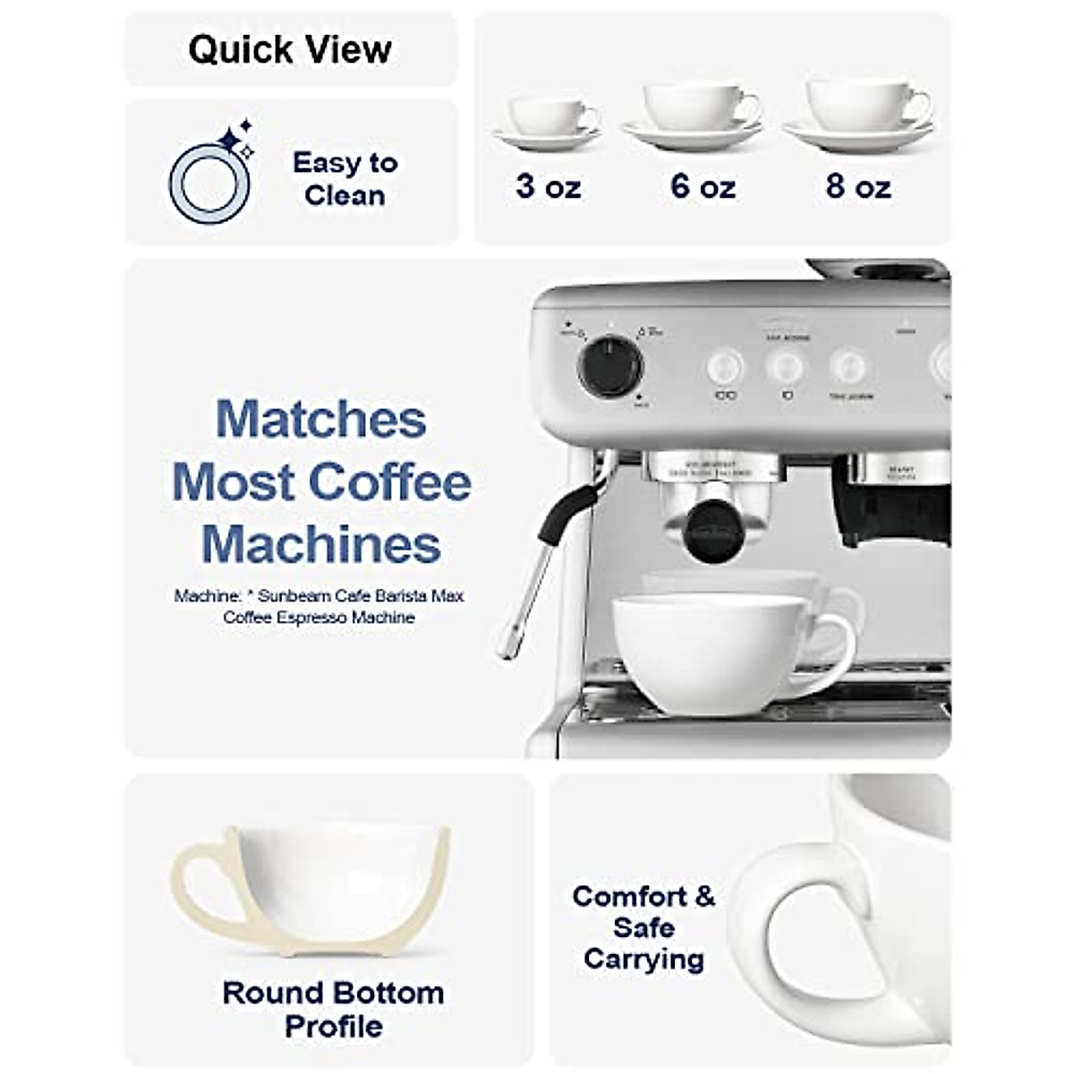 LE TAUCI 6 oz Cappuccino Cups with Saucers，Ceramic Coffee Cup for Au Lait, Double shot, Latte, Cafe Mocha, Tea - Set of 4, White