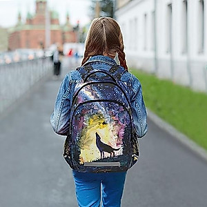 Sletend Teenage Girl’s Boy’s Backpack Middle School Student Bookbag Starry Sky Wolf Outdoor Daypack with Reflective Stripes, Large Capacity Printed Children's Backpack Student School Bag