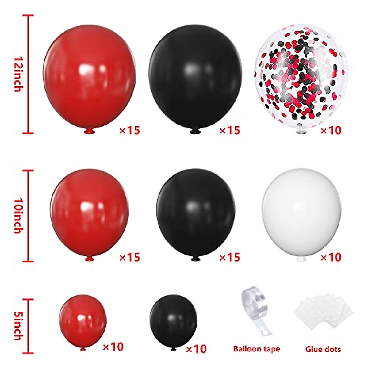Red and Black Balloons Arch Kit, 100 Pieces Red Black White Confetti Balloons for Birthday, Brial Shower, Casino Theme Party Decorations
