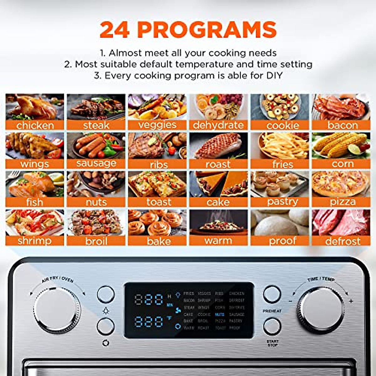 Air Fryer Toaster Oven Combo Countertop Convection Ovens - 24-in-1 Air fry, Bake, Broil, Toast, Roast, Dehydrate, Defrost and More Functions, 15L/15.9QT Capacity, 10 Accessories, LCD Display, Stainless Steel