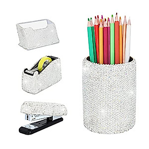 KEYPOWER Bling Crystal Luxury Handmade Diamond Pencil Pen Pot Holder & Stapler & Card Holder & Desktop Tape Dispenser Office Stationery Kit for Fashion Girls Women (White Round)