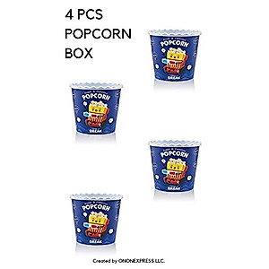 ONONEXPRESS Modern Style Reusable Plastic Popcorn Box / Popcorn Containers / Popcorn Bowls Set for Movie Theater Night - (BPA Free - BLUE 4 Pack-75 oz)