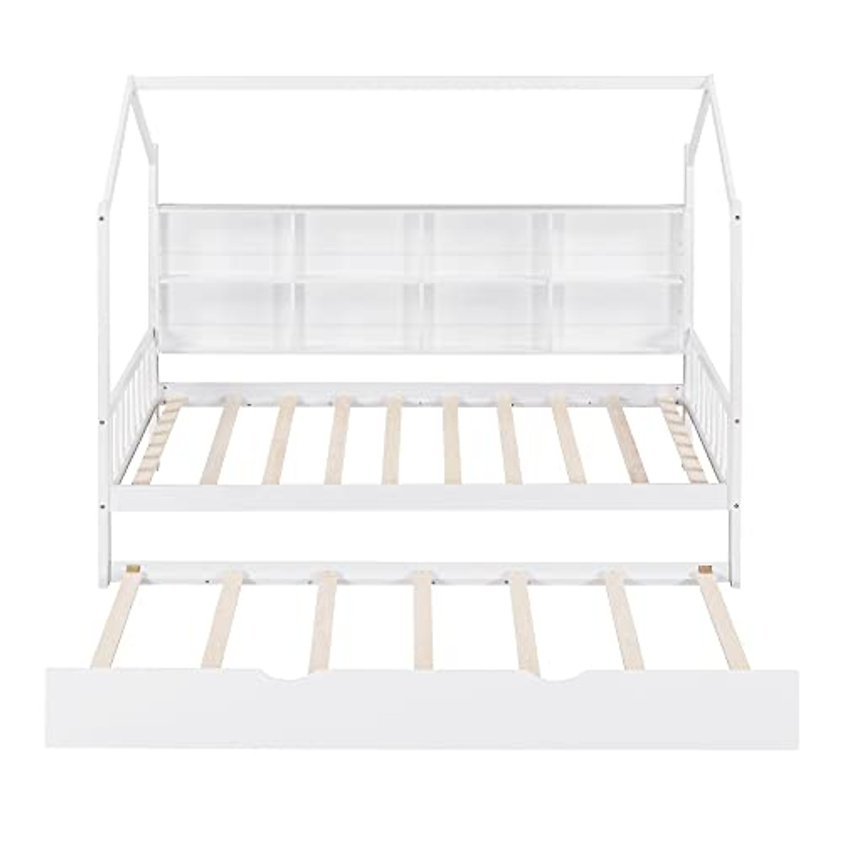 BIADNBZ Twin Size House Bed with Trundle,Wooden Kids Bedframe with Storage Shelf,Roof for Kids/Bedroom,No Box Spring Required,White