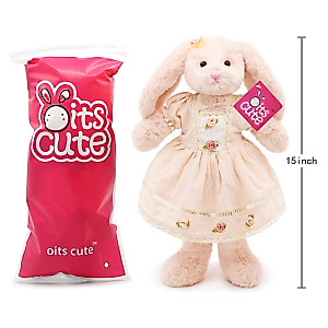 oits cute Small Soft Stuffed Animal Bunny Rabbit Plush Toy for Baby Girls 15inch (Pink Rabbit Wearing Pink Vintage Dress)