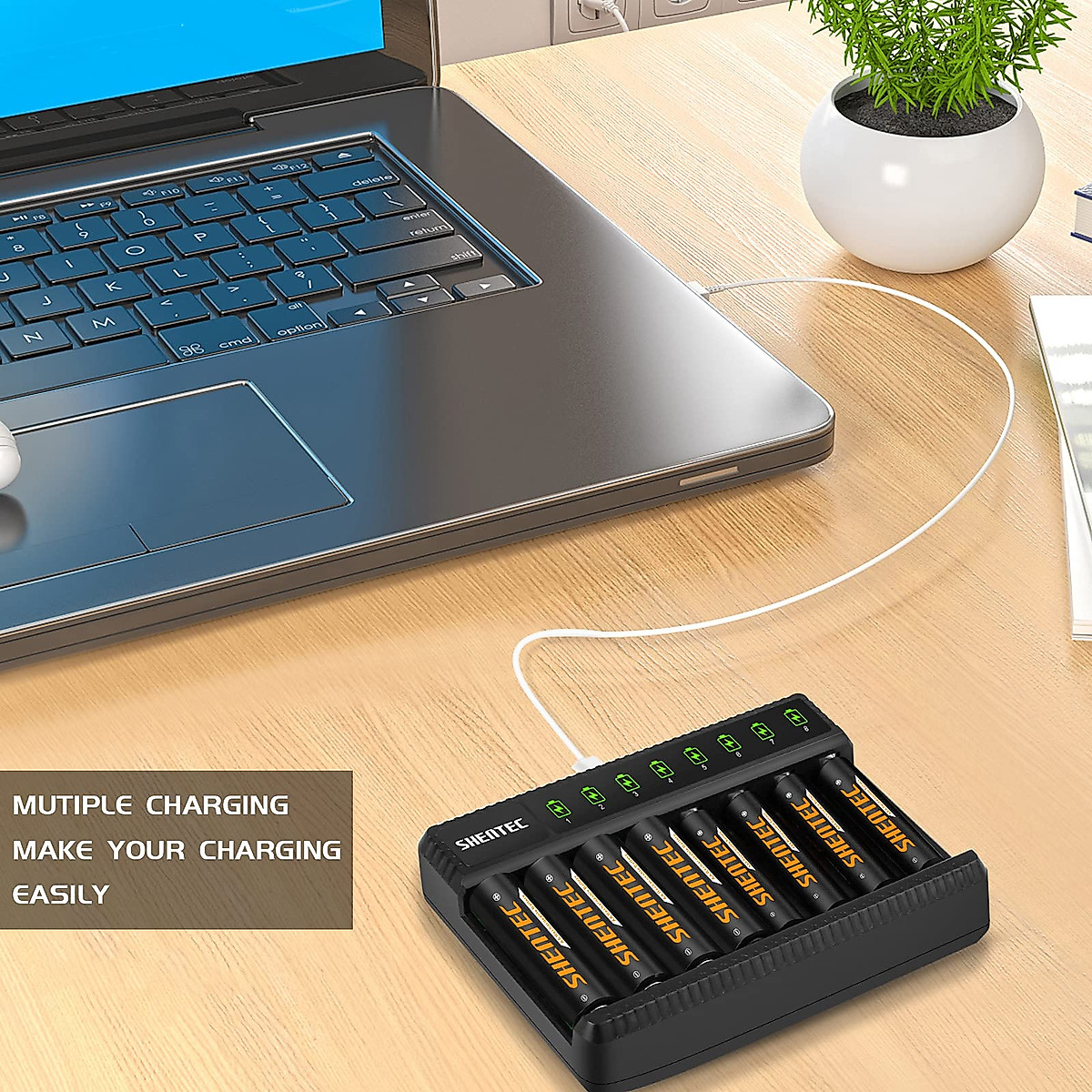 Shentec 4 Packs 2500mAh Rechargeable AA Batteries and 4 Packs 1000mAh Rechargeable AAA Batteries with Smart 8 BayAAA AA Battery Charger (USB Fast Charging, Independent Slot)