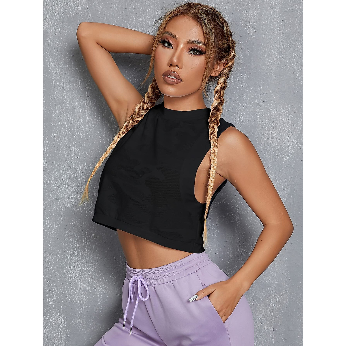 Floerns Women's Sleeveless Gym Exercise Athletic Yoga Breathable Crop Tank Top Black L