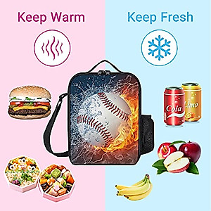 Insulated Lunch Box for Girls Boys, Leakproof Portable Lunch Bags with Adjustable Shoulder Strap and Side Pocket, Durable Reusable Cooler Tote Bag for Beach/Picnic/Office/Collega (Fire Baseball)
