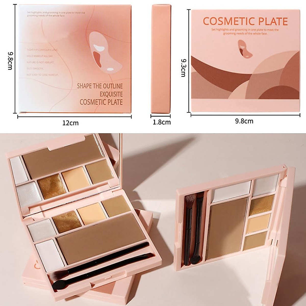 Pro Cream Highlight and Contour Palette Kit with Mirror & Brush for Women. White Silver Gold Highlight Brown Face Correcting Concealer Palette