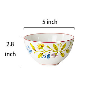 AwakingWaves Funny Hand Painted Flower Ceramic Pasta Bowls for Fruit, Salad, and Soup, Cute Candy Snack Porcelain Round Serving Striped Bowl for Kitchen, Vibrant Color Restaurant Party Decor (red)